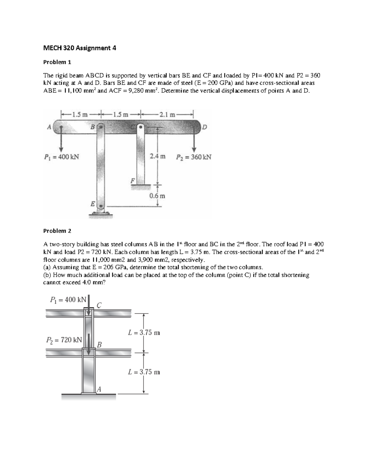 MECH 320 Assignment 4 - MECH 320 Assignment 4 Problem 1 The rigid beam ABCD is supported by ...