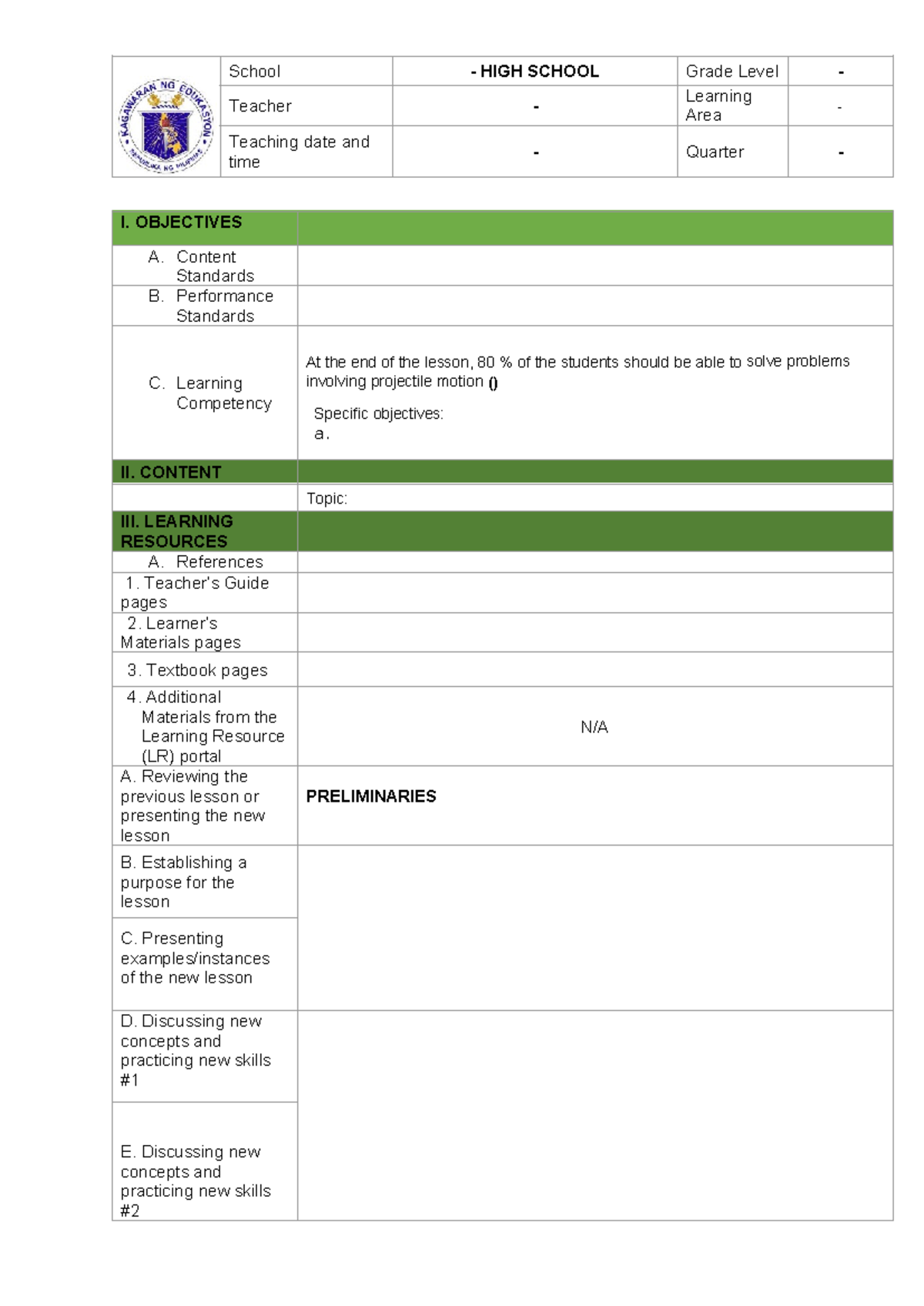 Template for Final LP - School - HIGH SCHOOL Grade Level - Teacher ...