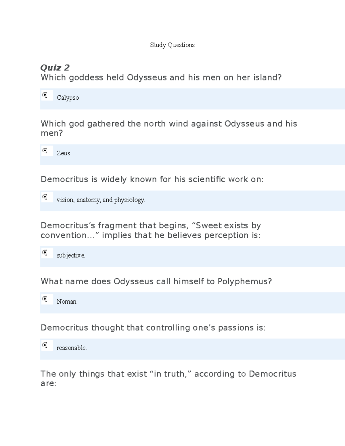Study Questions - Homework - Study Questions Quiz 2 Which goddess held ...