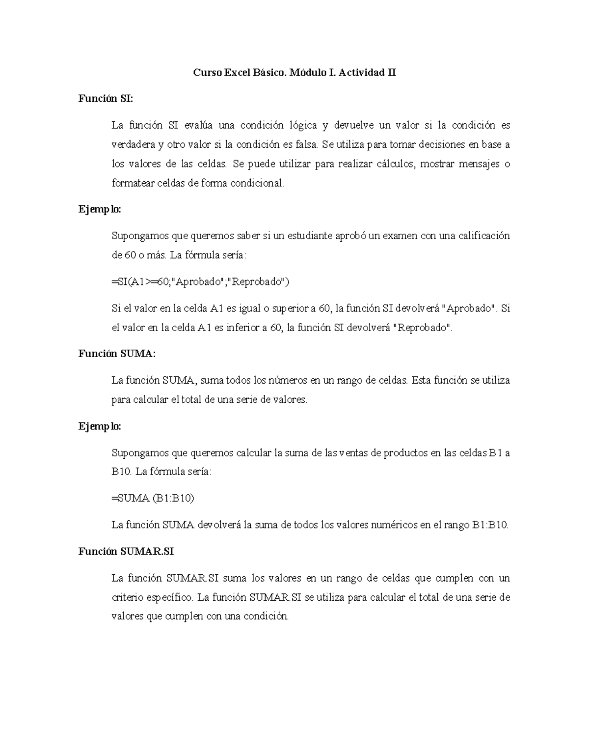 Curso Excel Básico. Módulo I. Actividad II - Curso Excel Básico. Módulo ...