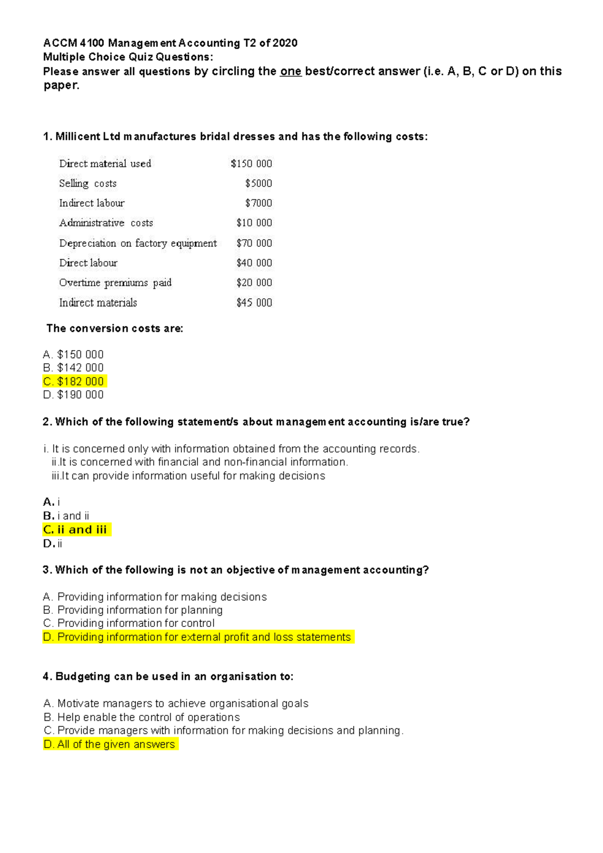 Test 20 August 2020, questions and answers - ACCM 4100 Management ...