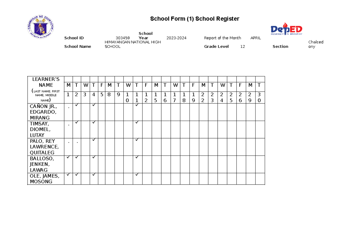 School Form 2 - FIRST NAME, MIDDLE NAME) M T W T F M T W T F M T W T F ...