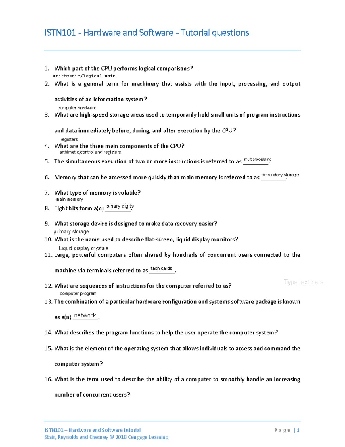 2020 ISTN101 Tutorial 2 - HWSW - ISTN101 Stair, Reynolds and Chesney © 2018 Cengage Learning ...