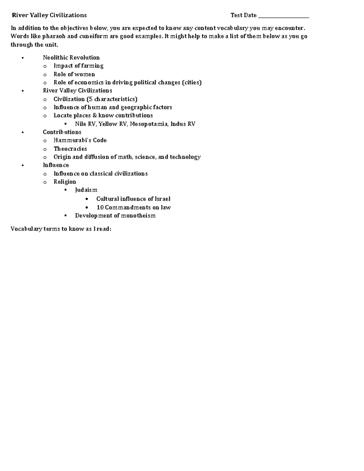 KAP World History Review - River Valley Civilizations Test Date ...