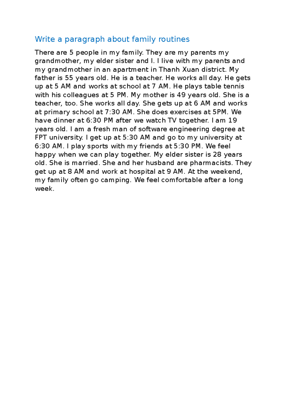 Write about your family routines Lê Đình Huy - Write a paragraph about ...
