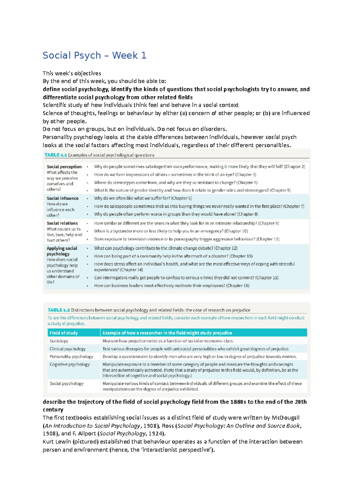 PSY2001 6 - Social Psych Weekly Notes - Social Psych – Week 1 This week ...