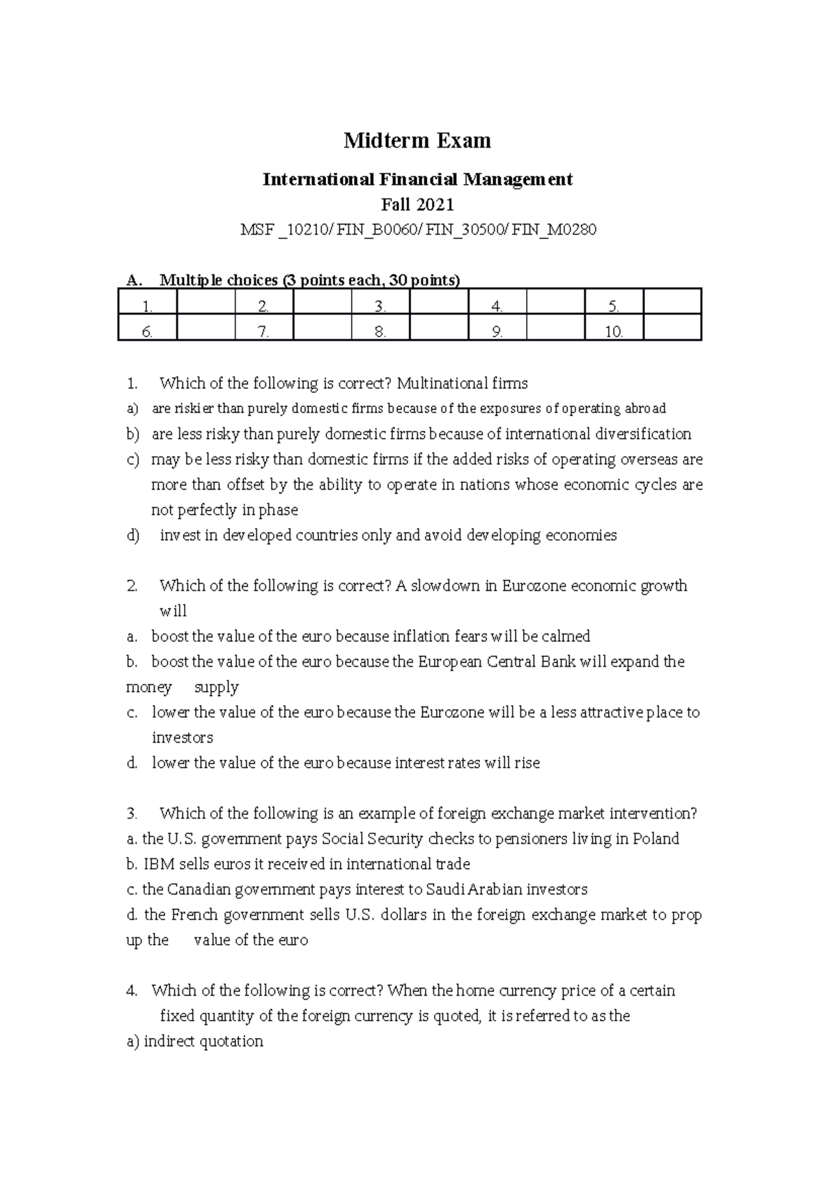 IFM midterm exam - great material to use for practise to understand the ...