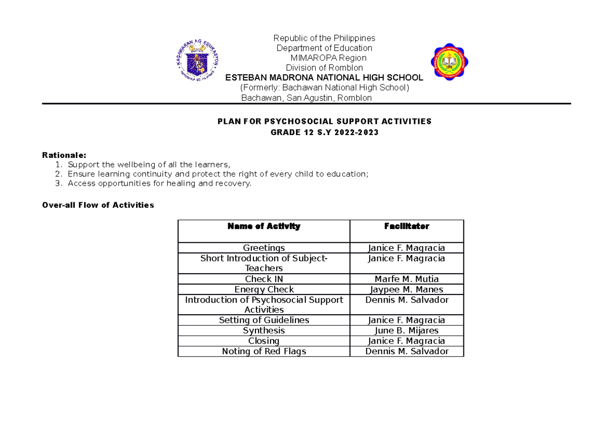 PLAN FOR Psychosocial Support Activities- Grade 12 - Republic of the ...
