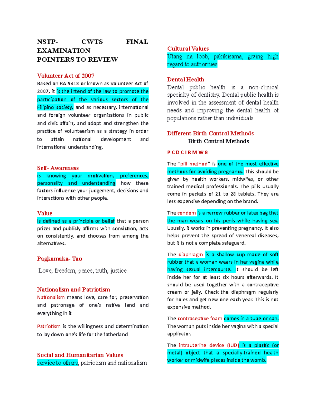 Pointers-to-review - NSTP- CWTS FINAL EXAMINATION POINTERS TO REVIEW Volunteer Act of 2007 Based ...
