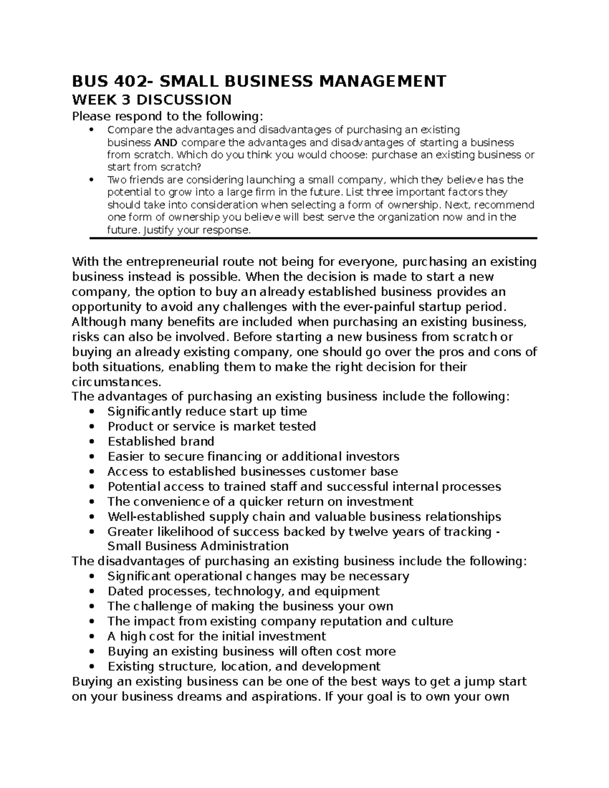 BUS 402 Small Business Management Week 3 Discussion - BUS 402- SMALL ...