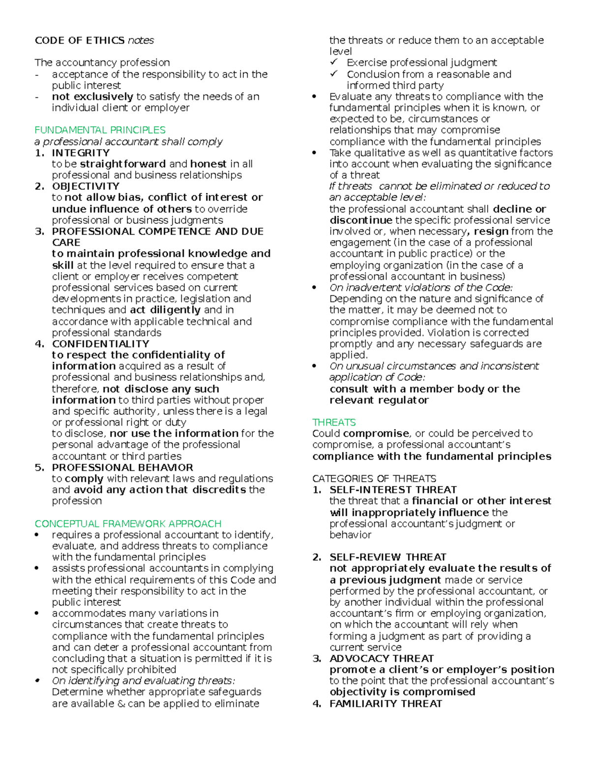 CODE OF Ethics notes - CODE OF ETHICS notes The accountancy profession ...