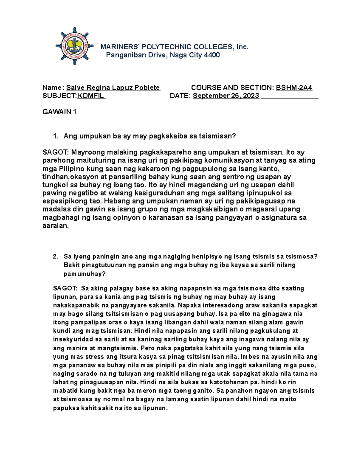 Komfil - MARINERS’ POLYTECHNIC COLLEGES, Inc. Panganiban Drive, Naga ...