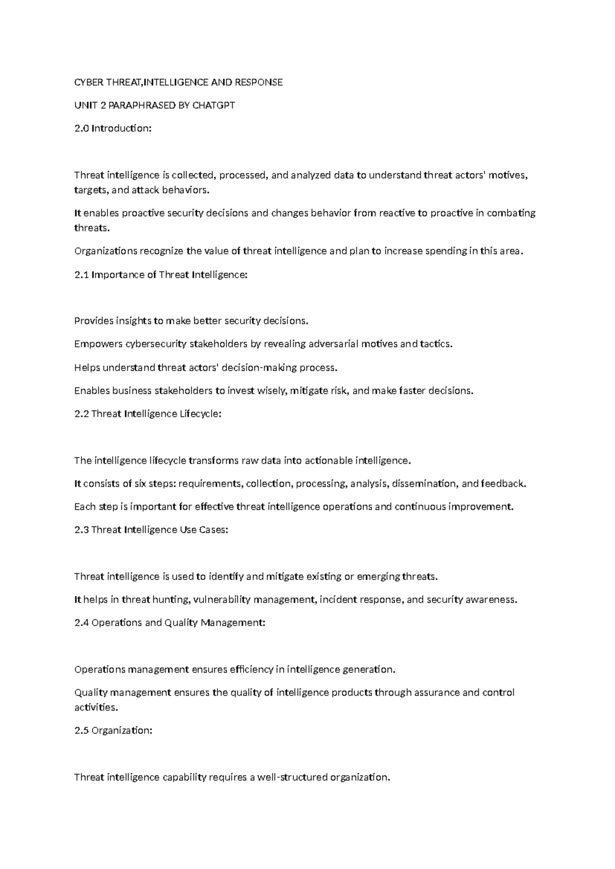 Cyber Threat UNIT 2 Paraphrased - CYBER THREAT,INTELLIGENCE AND ...