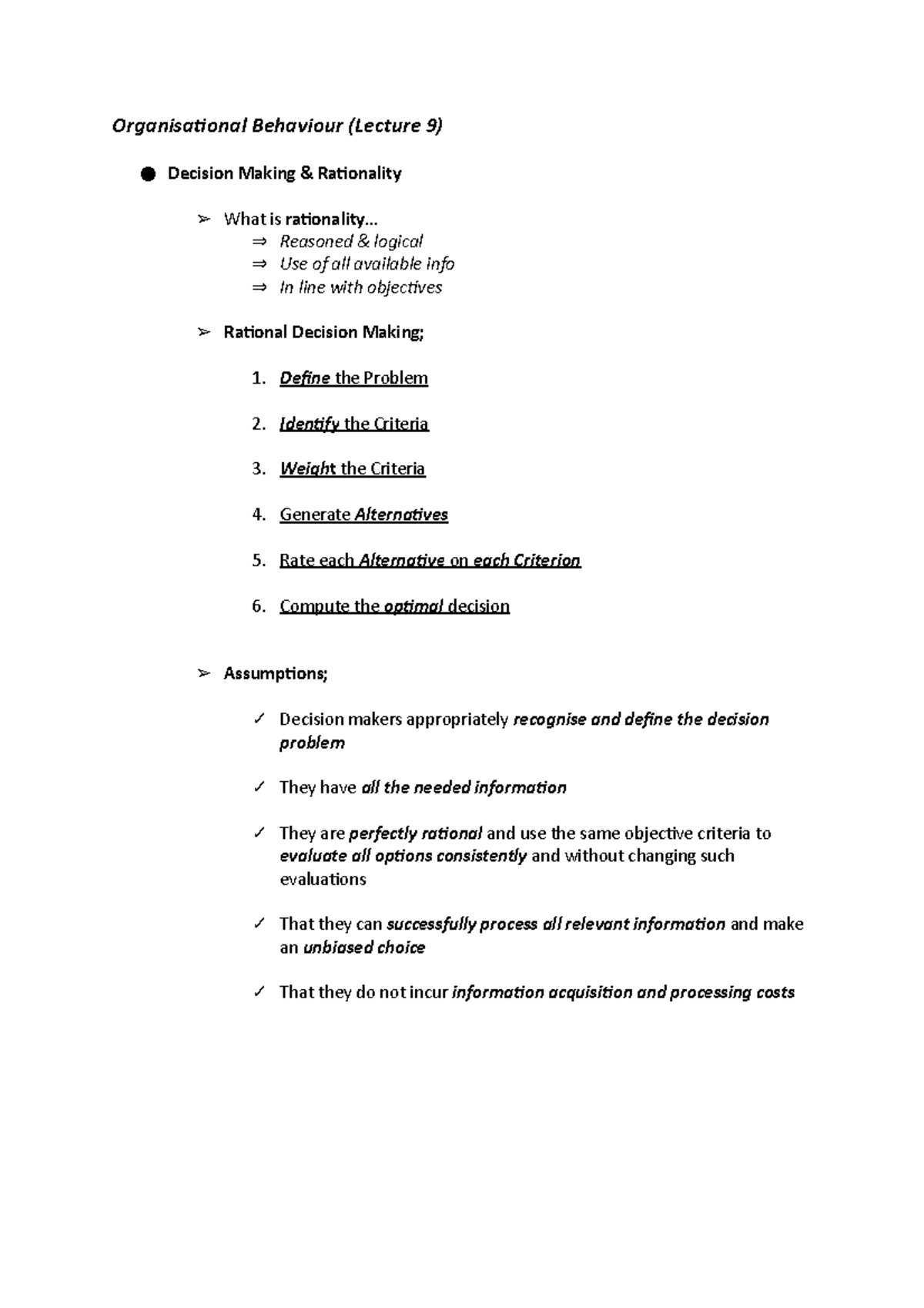 Organisational Behaviour (Lecture 9 Notes) - Organisational Behaviour ...