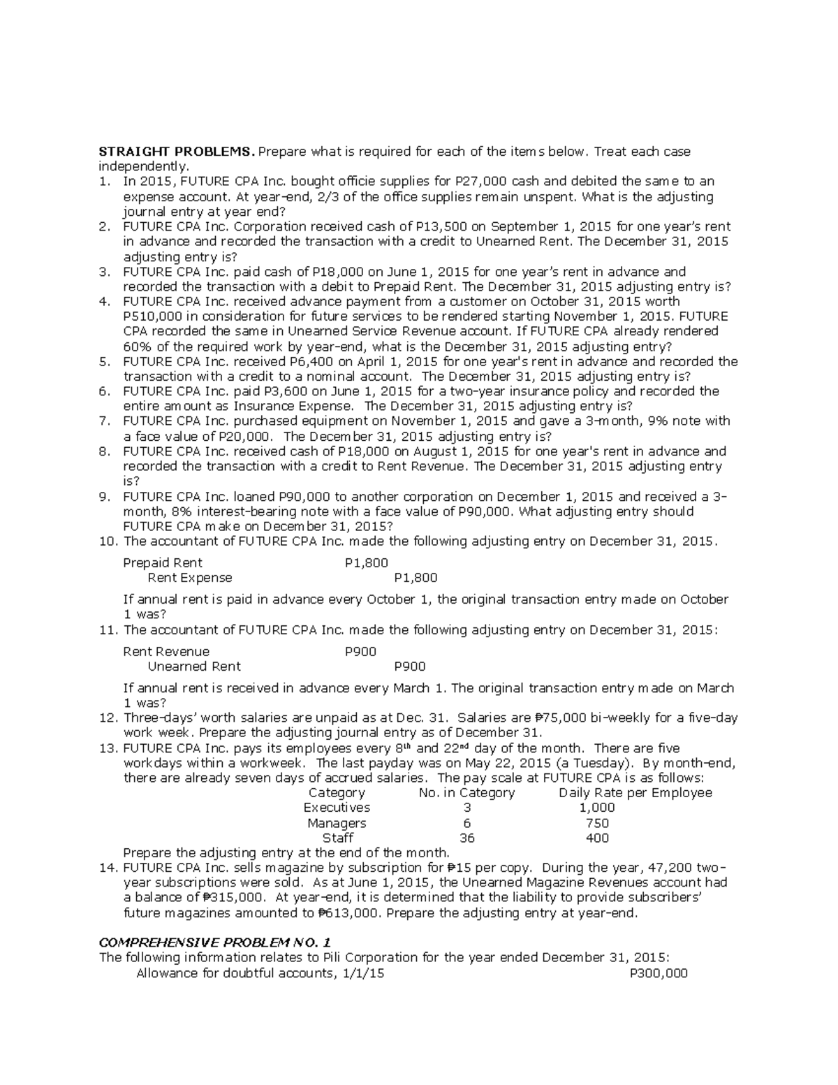 Straight Problems Adjusting Journal Entries Practice TEST - STRAIGHT ...