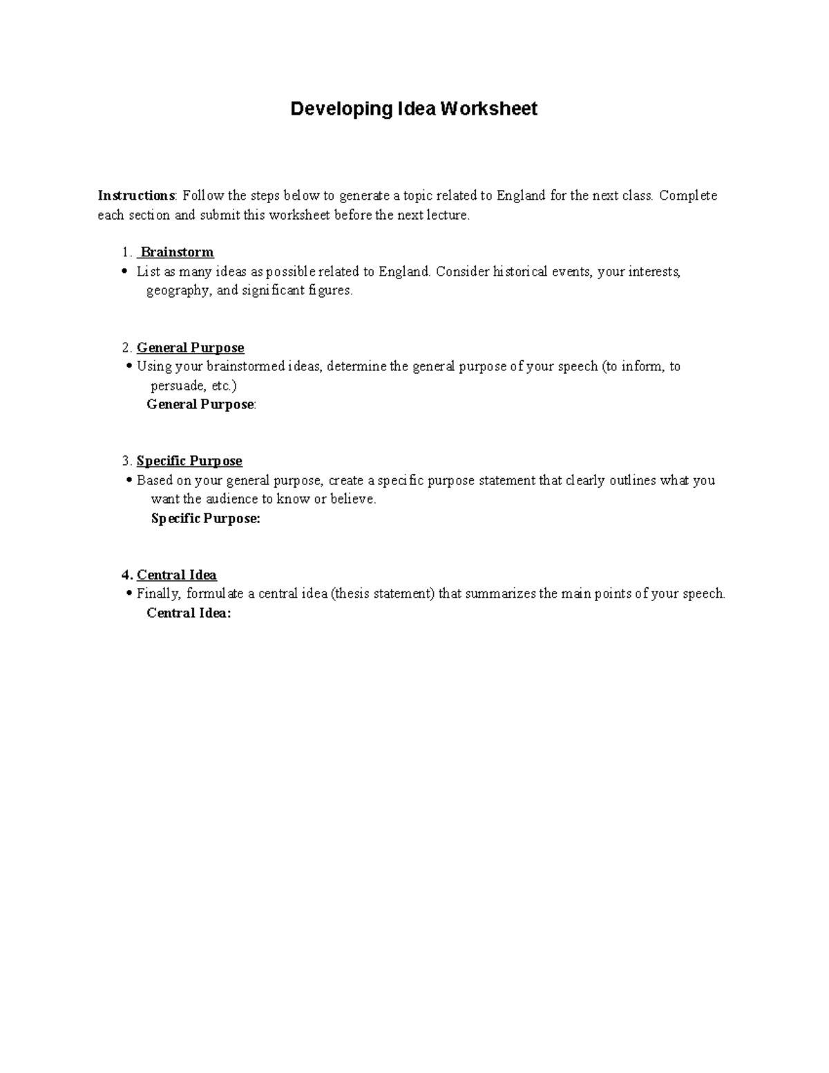 Developing Idea Worksheet - Developing Idea Worksheet Instructions ...