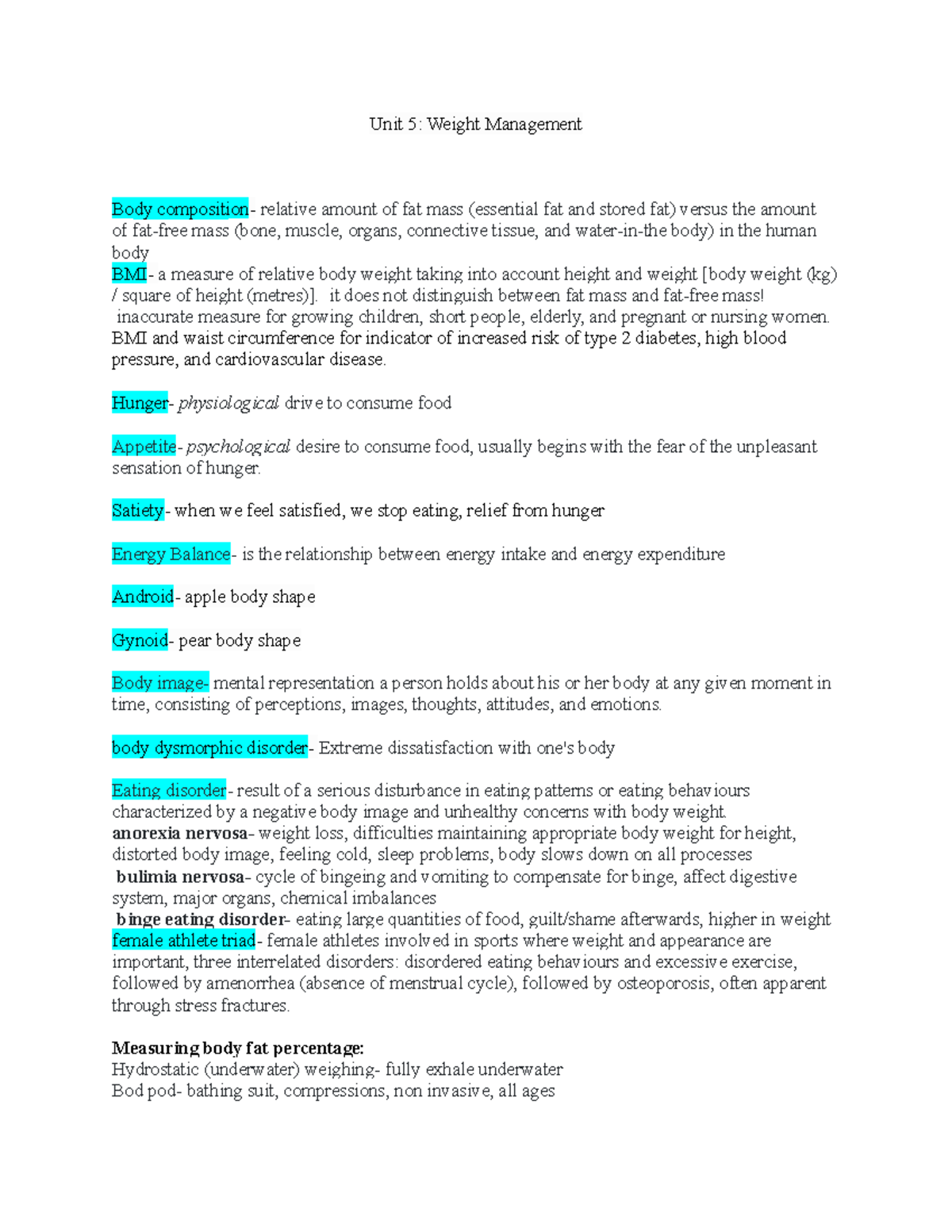 Unit 5- weight management - Unit 5: Weight Management Body composition ...