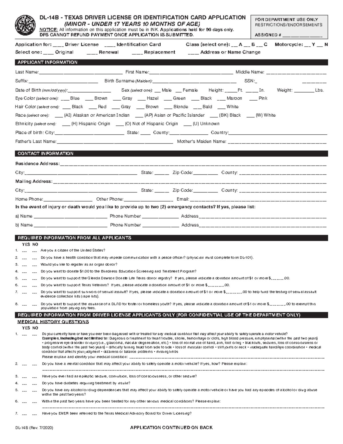 Driver license or ID card application for Minor - DL-14B (Rev. 7/2020 ...