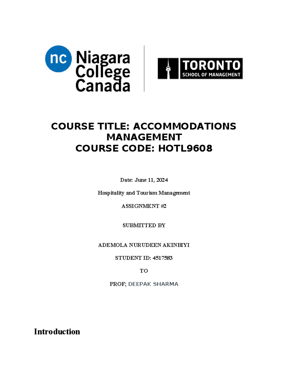 Accomodation assignment 2 - COURSE TITLE: ACCOMMODATIONS MANAGEMENT ...