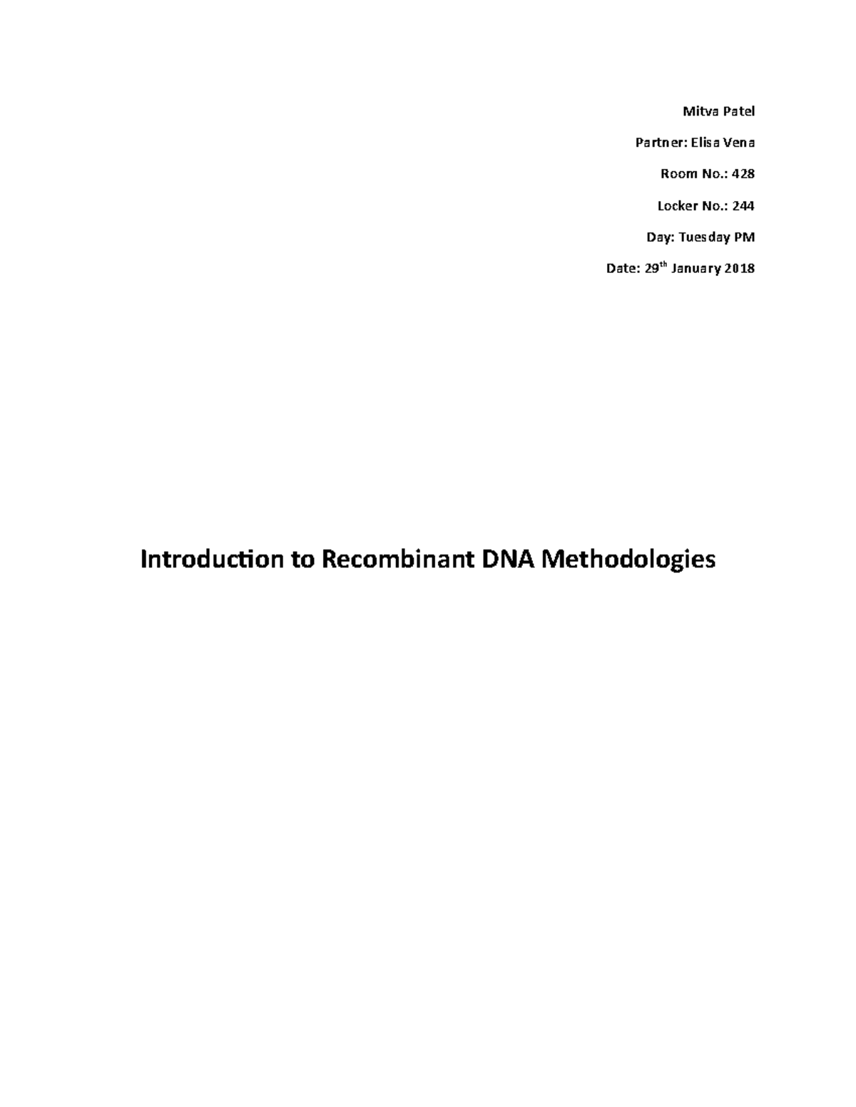 Lab Report 2 - Biology Experiment - Introduction To Recombinant Dna ...