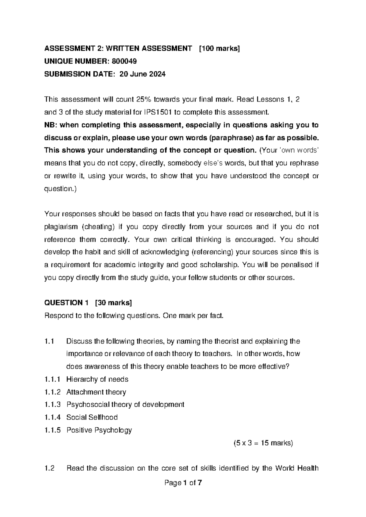 Assessment 2 - ASSESSMENT 2: WRITTEN ASSESSMENT [ 100 marks] UNIQUE NUMBER: 800049 SUBMISSION ...