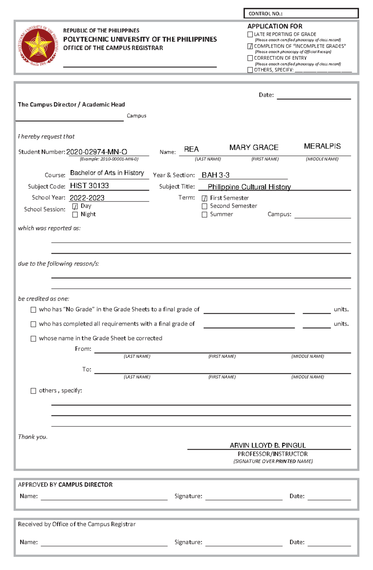 Completion Form - CONTROL NO.: REPUBLIC OF THE PHILIPPINES POLYTECHNIC ...