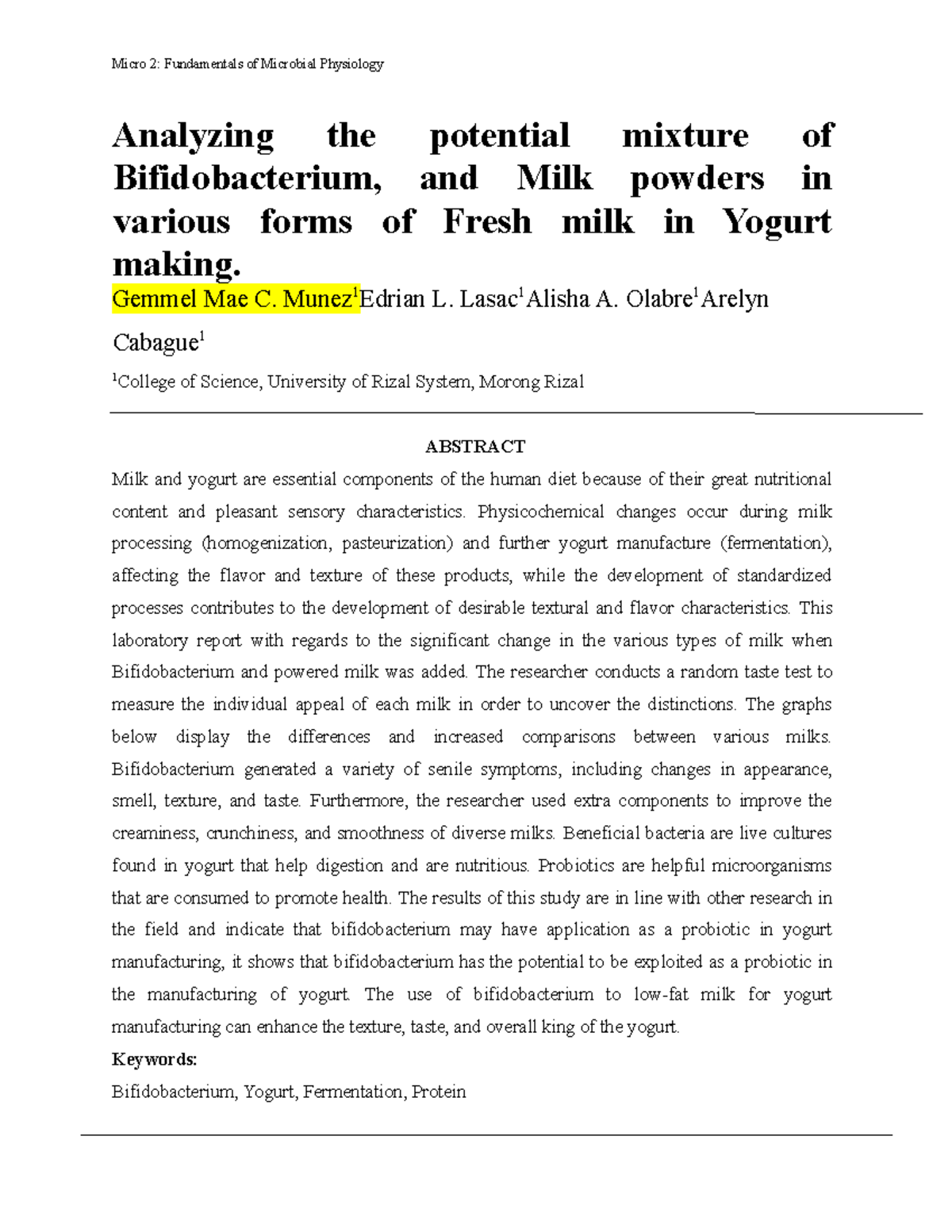 LAB- Yogurt- Final - Analyzing the potential mixture of Bifidobacterium ...