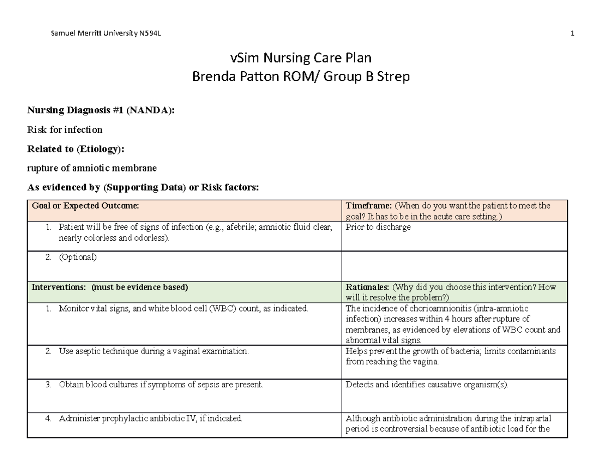 V SIM Brenda Patton Care Plan - Samuel Merritt University N594L 1 vSim ...
