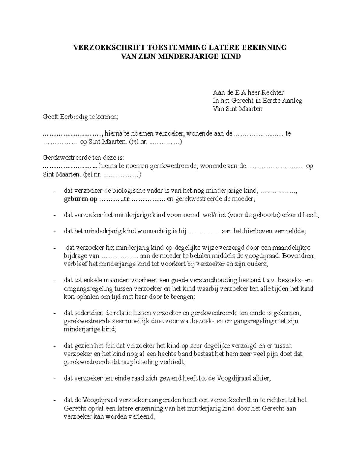 Verzoekschrift Toestemming Latere Erkinning EN Omgang 1 template ...