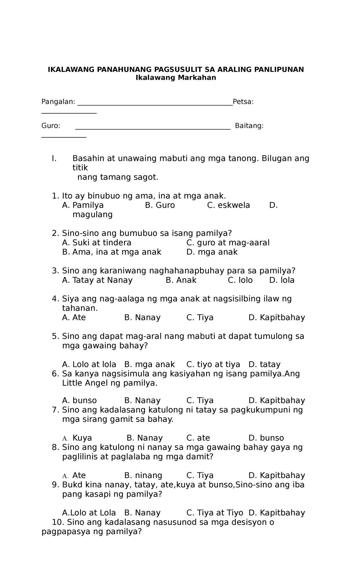 2nd periodical test in AP - Filipino sa Iba't ibang disiplina - USA ...