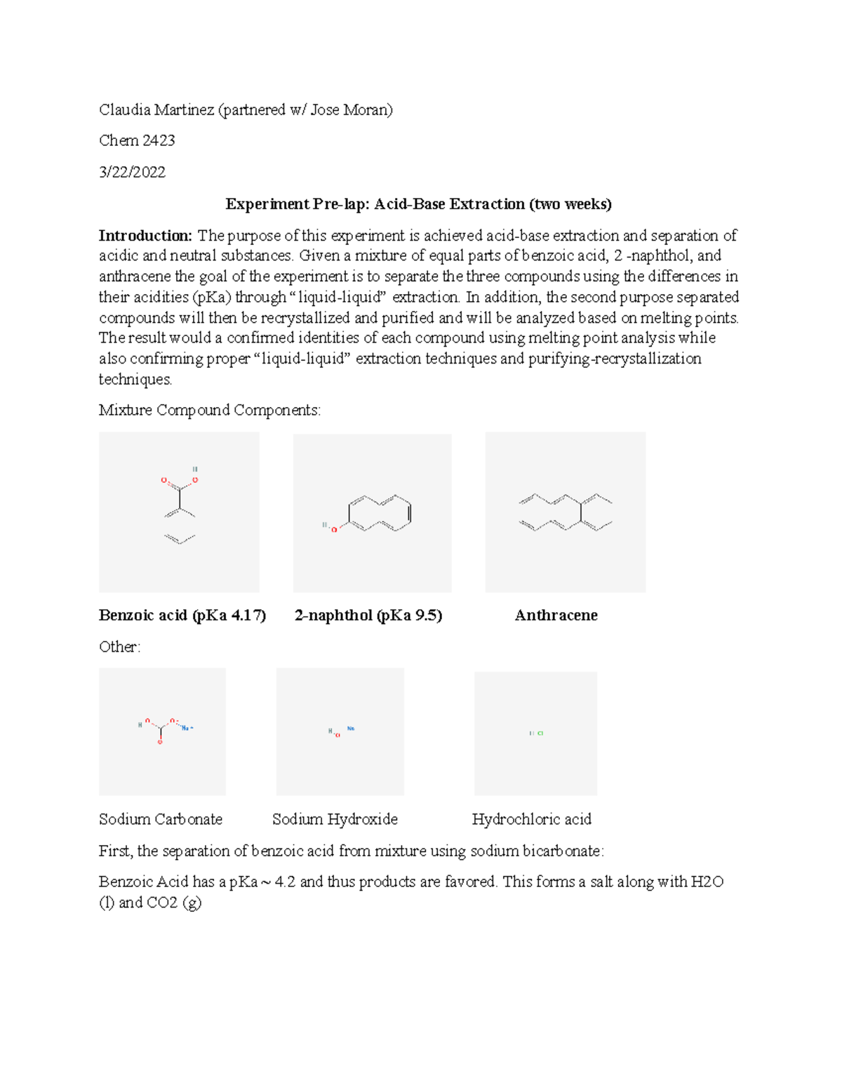 Acid-Base Extraction CHEM 2423 Claudia Martinez - Claudia Martinez ...