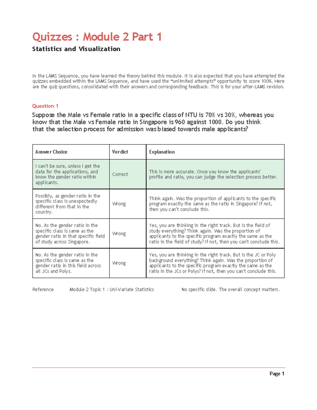 Mod2 Part1 - Quizzes : Module 2 Part 1 Statistics and Visualization In the LAMS Sequence, you ...