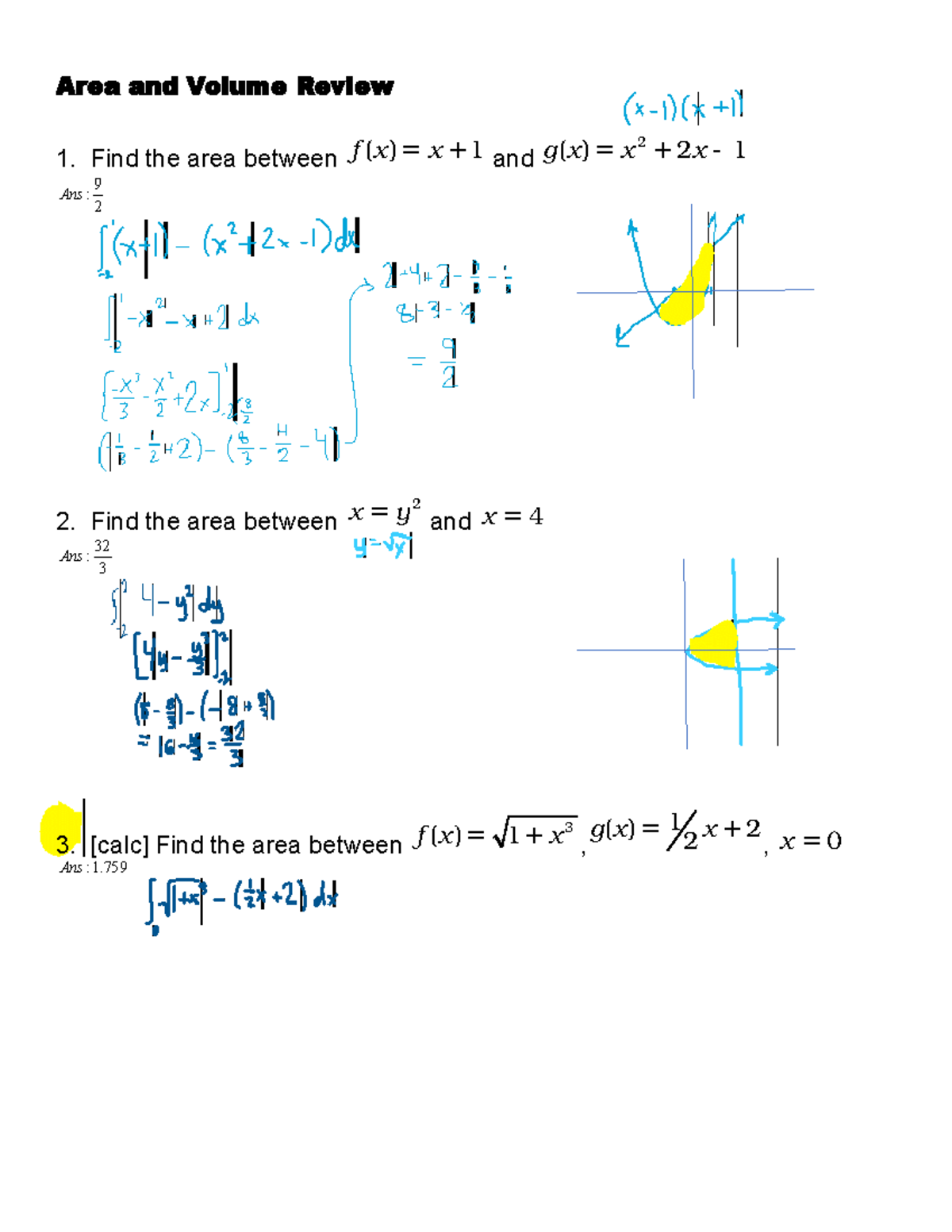 Calc AB WS Area and Volume Review - Area and Volume Review Find the ...