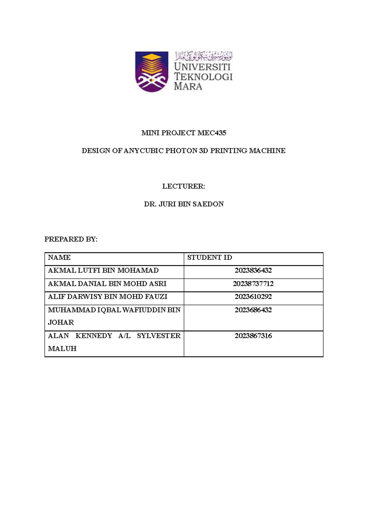 MINI Project MEC435 - CATIA CONTOH - MINI PROJECT MEC DESIGN OF ...