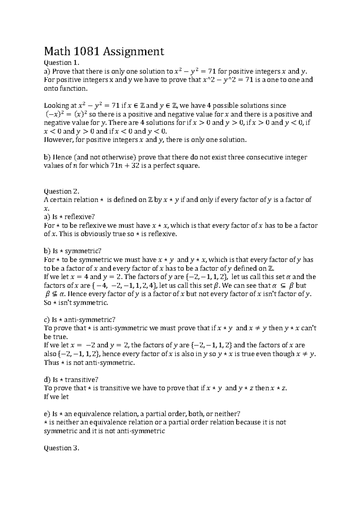 Math 1081 Assignment - Math 1 081 Assignment Question 1. a) Prove that there is only one ...