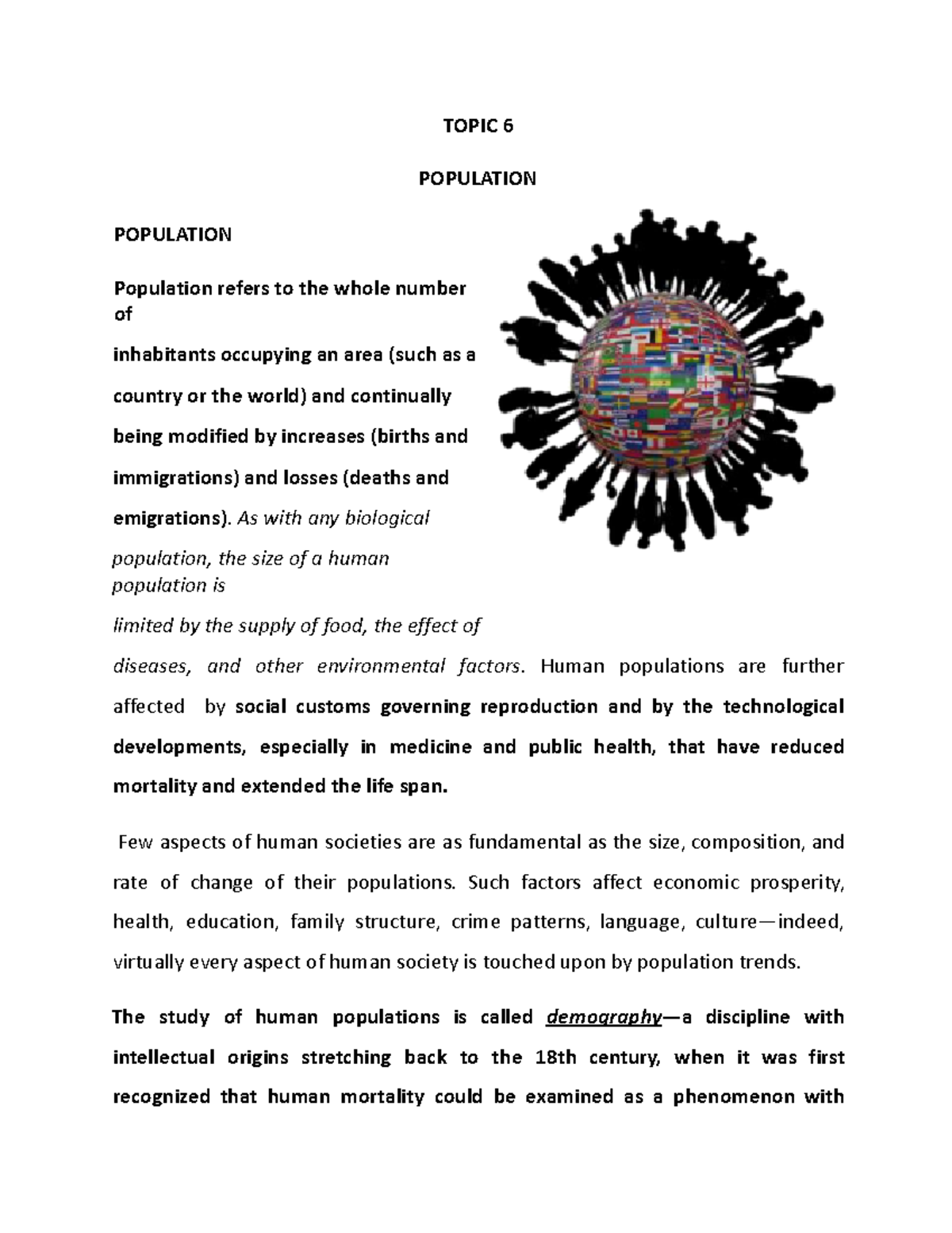 Topic 6 Economic Development - TOPIC 6 POPULATION POPULATION Population ...