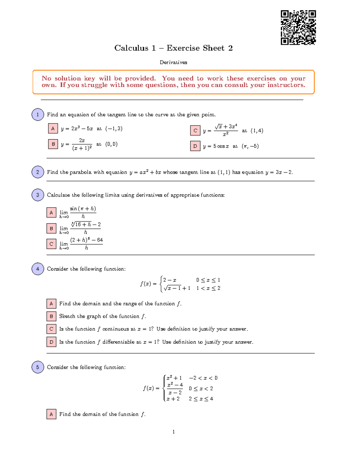 Exercise sheet 2 calculus - Calculus 1 – Exercise Sheet 2 Derivatives ...