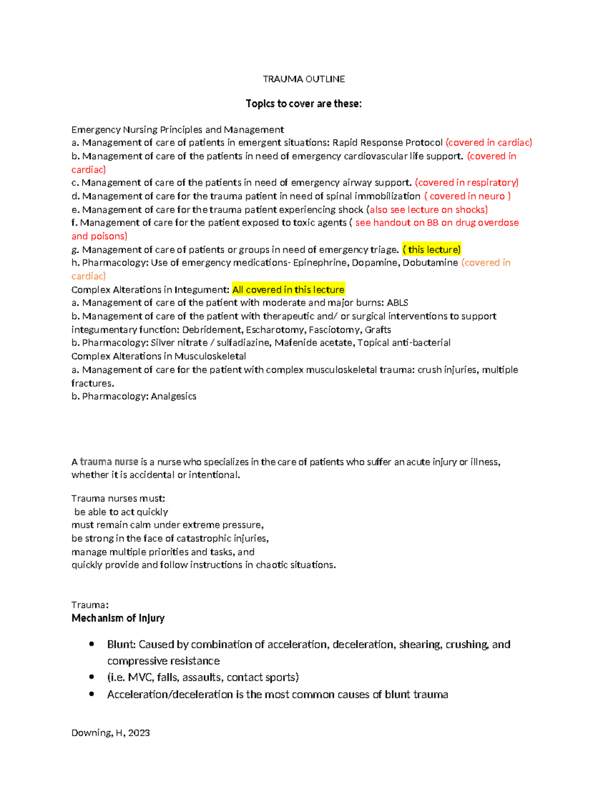 Trauma and Burn Student Outline 2023 - TRAUMA OUTLINE Topics to cover ...