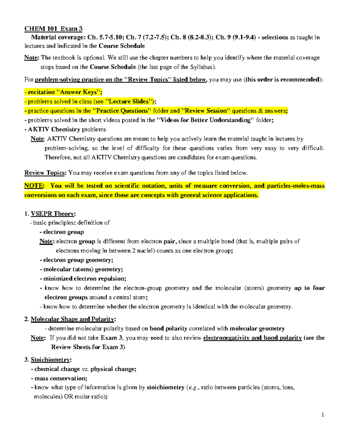 Review Topics- Exam 3 (W24) - 1 CHEM 101 Exam 3 Material coverage: Ch. 5.7-5; Ch. 7 (7.2-7); Ch ...