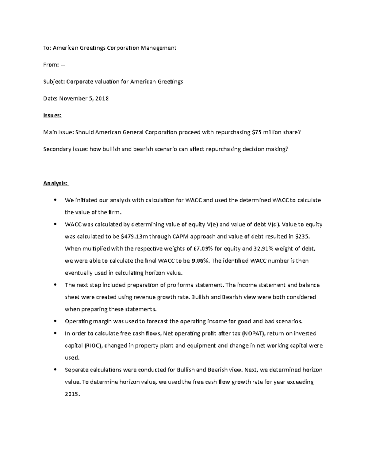 Memo 2 - Lecture notes 2 - To: American Greetings Corporation ...