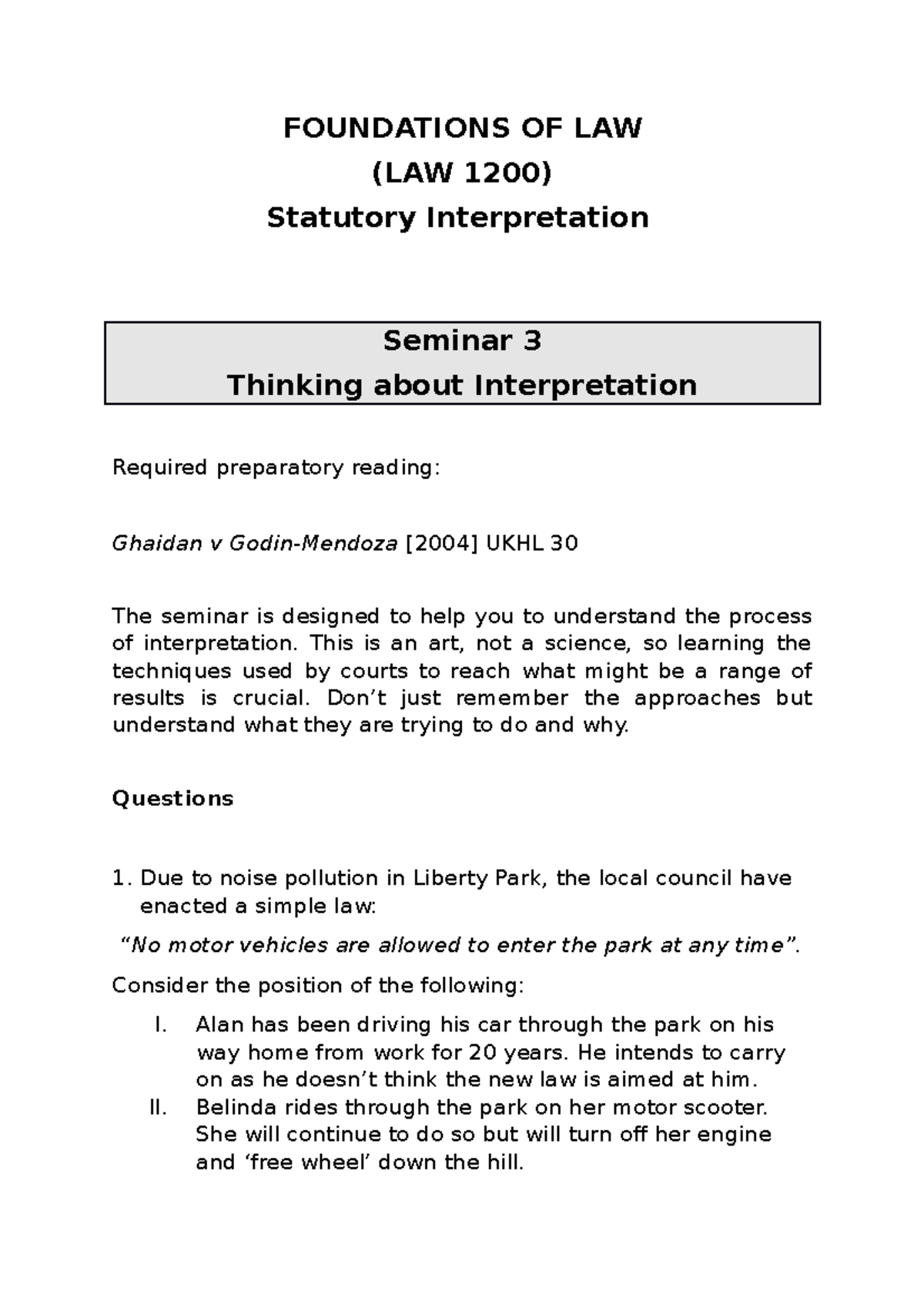 Seminar 3 - Statutory Interpretation - FOUNDATIONS OF LAW (LAW 1200 ...