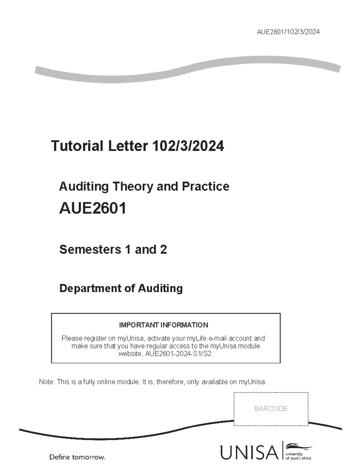 AUE2601 TL102 3 2024 - tutorials letter 101 - AUE2601/102/3/ Tutorial ...