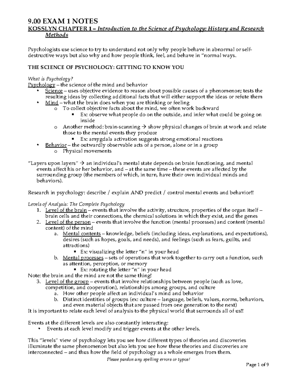 Exam notes chapter 1 - Summary Introducing Psychology - 9 EXAM 1 NOTES ...