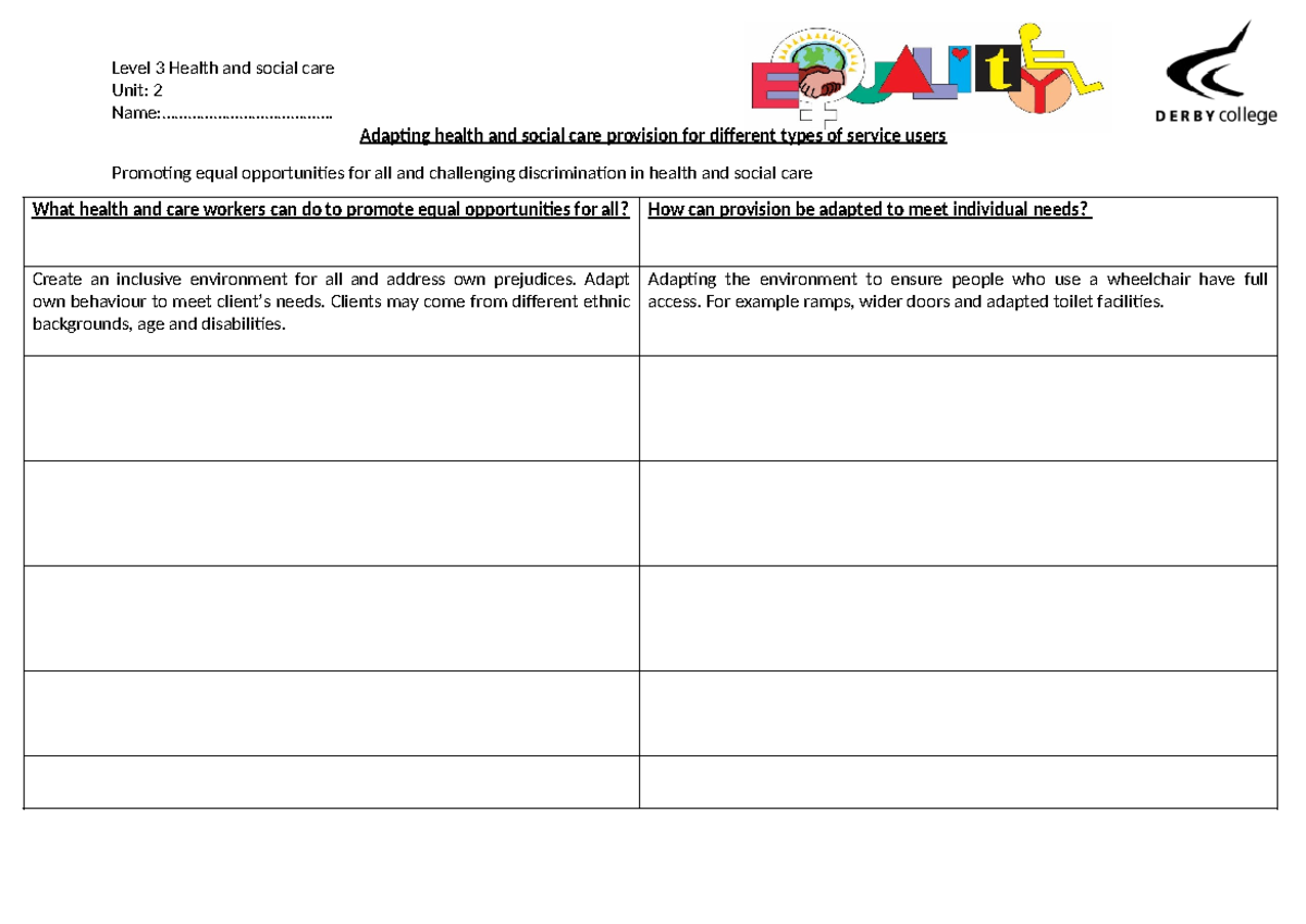 U2 session 5 worksheet - Level 3 Health and social care Unit: 2 - Studocu