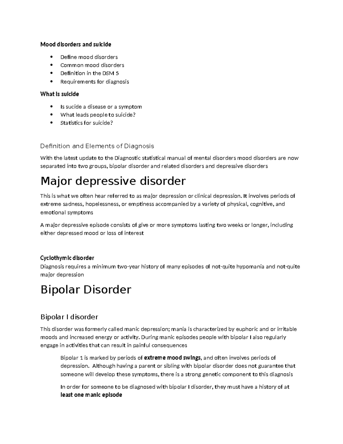 Depressive and Bipolar Disorder Review Notes Lecture notes - Mood ...