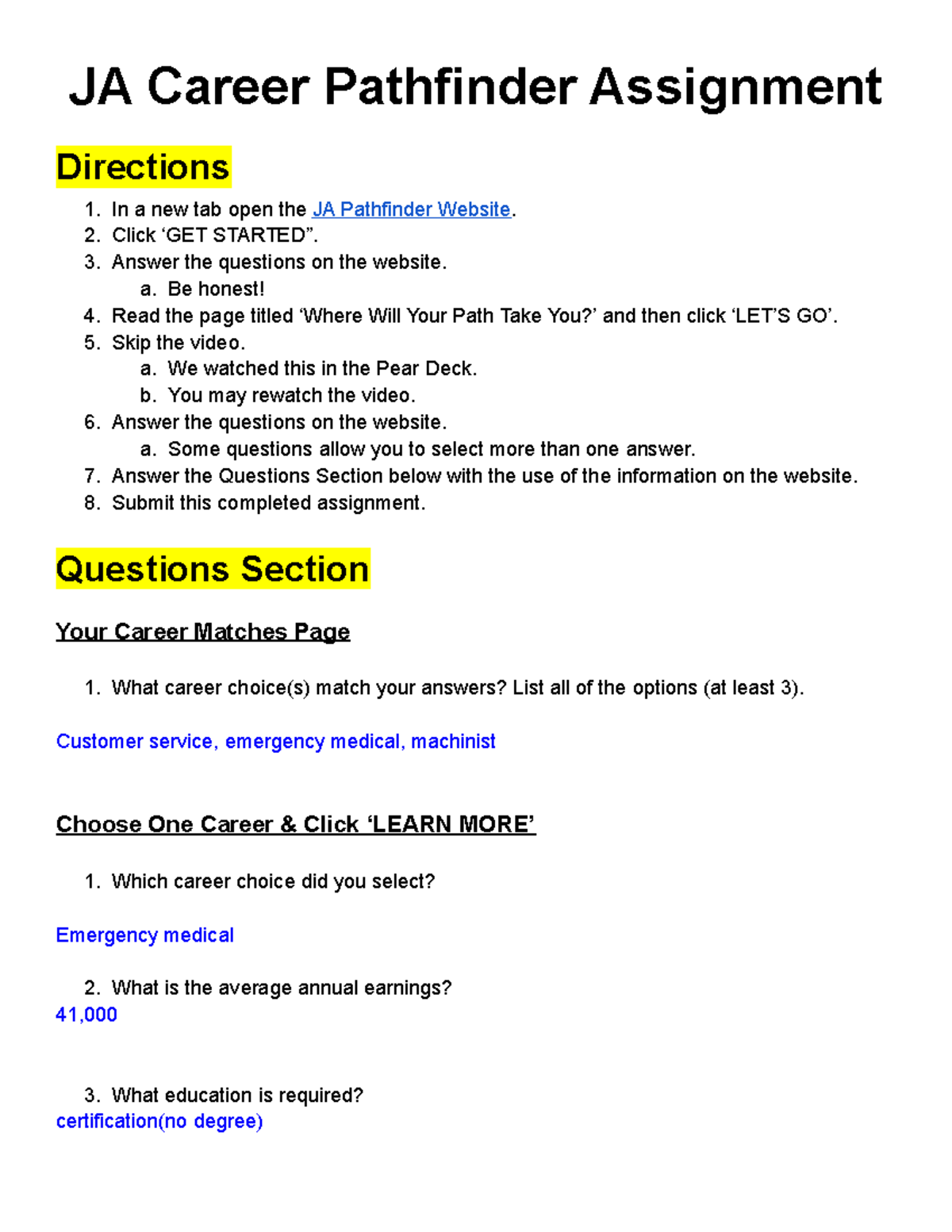 JA Career Pathfinder Assignment Humm Kenadee Willis - JA Career ...