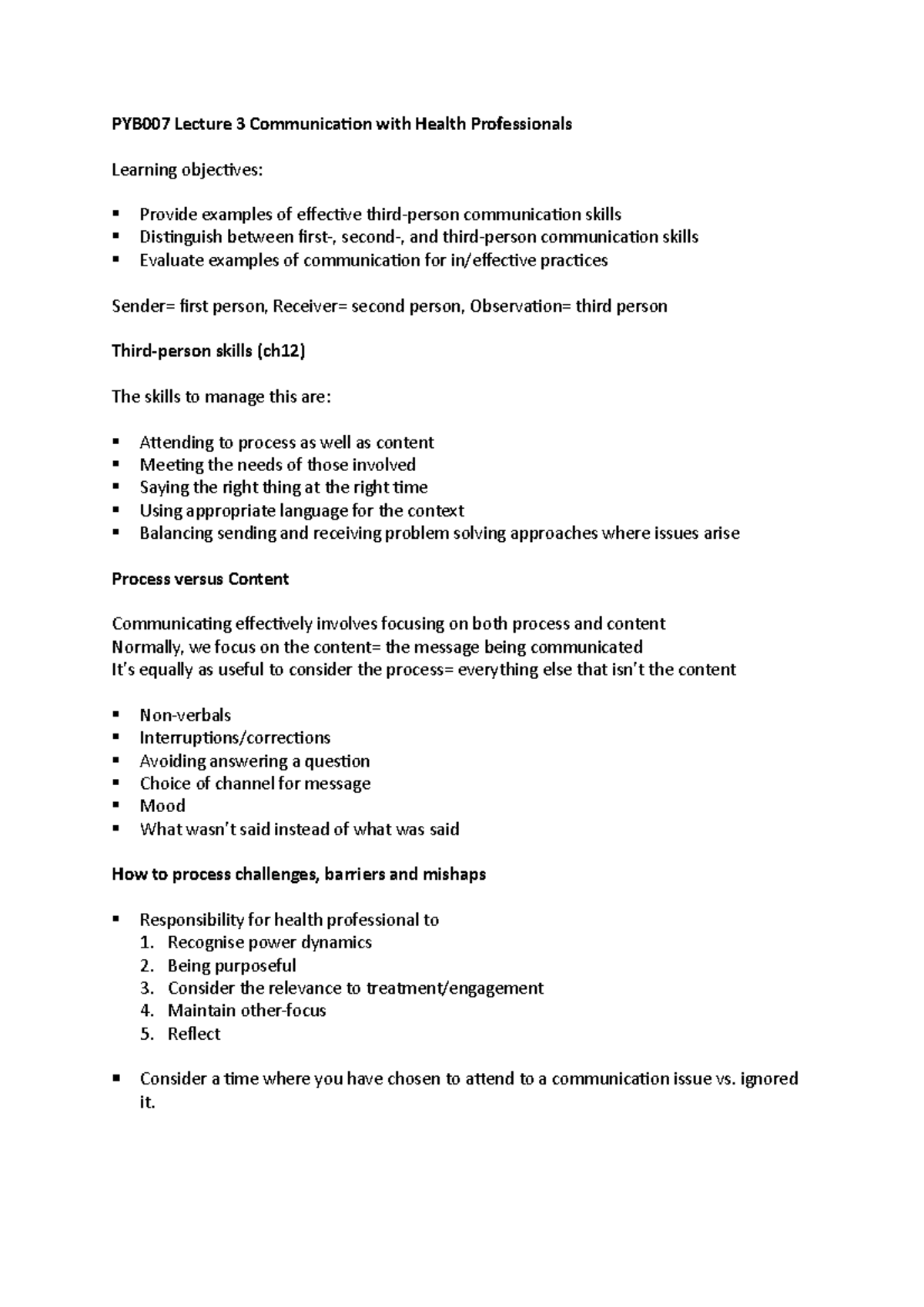 PYB007 Lecture 3 Communication with Health Professionals - PYB007 ...