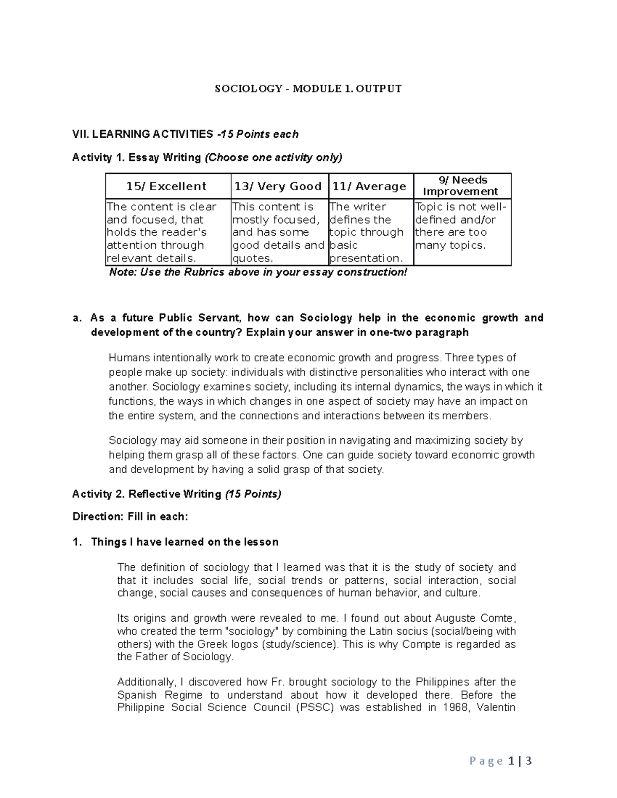 Sociology 1 - Evaluation, Learning Activities and Assignment ...