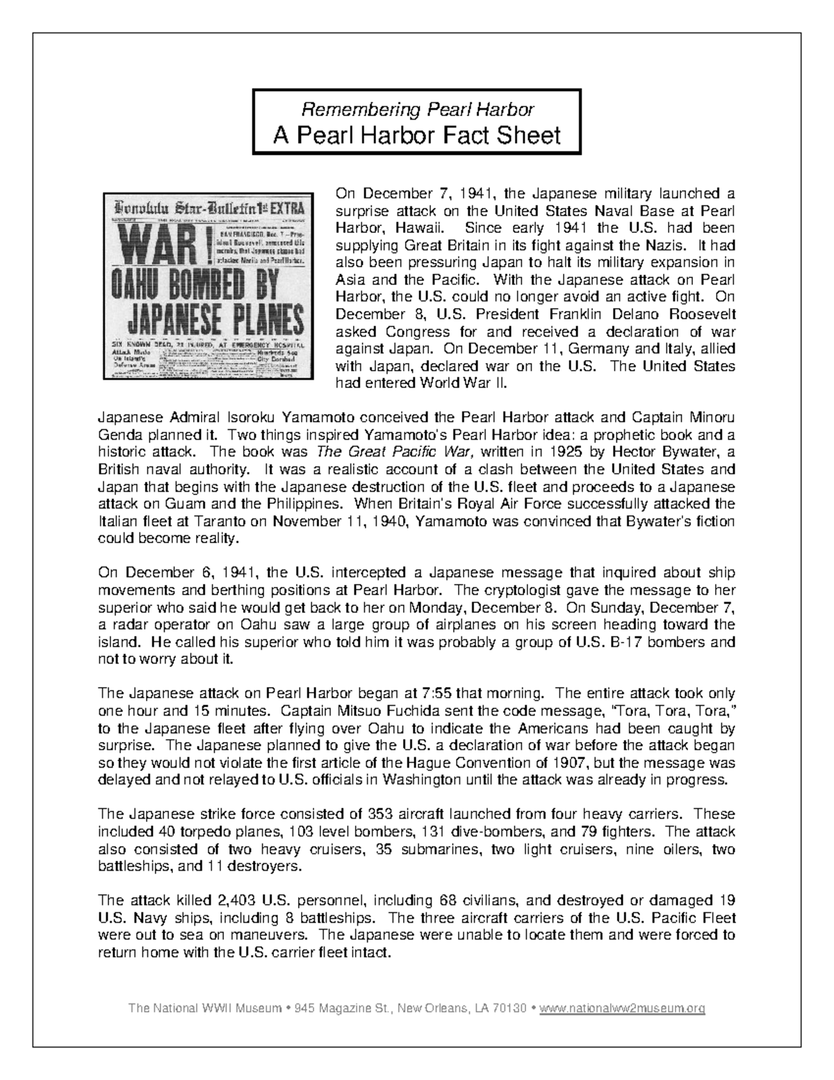 Pearl harbor fact sheet 1 - Remembering Pearl Harbor A Pearl Harbor ...