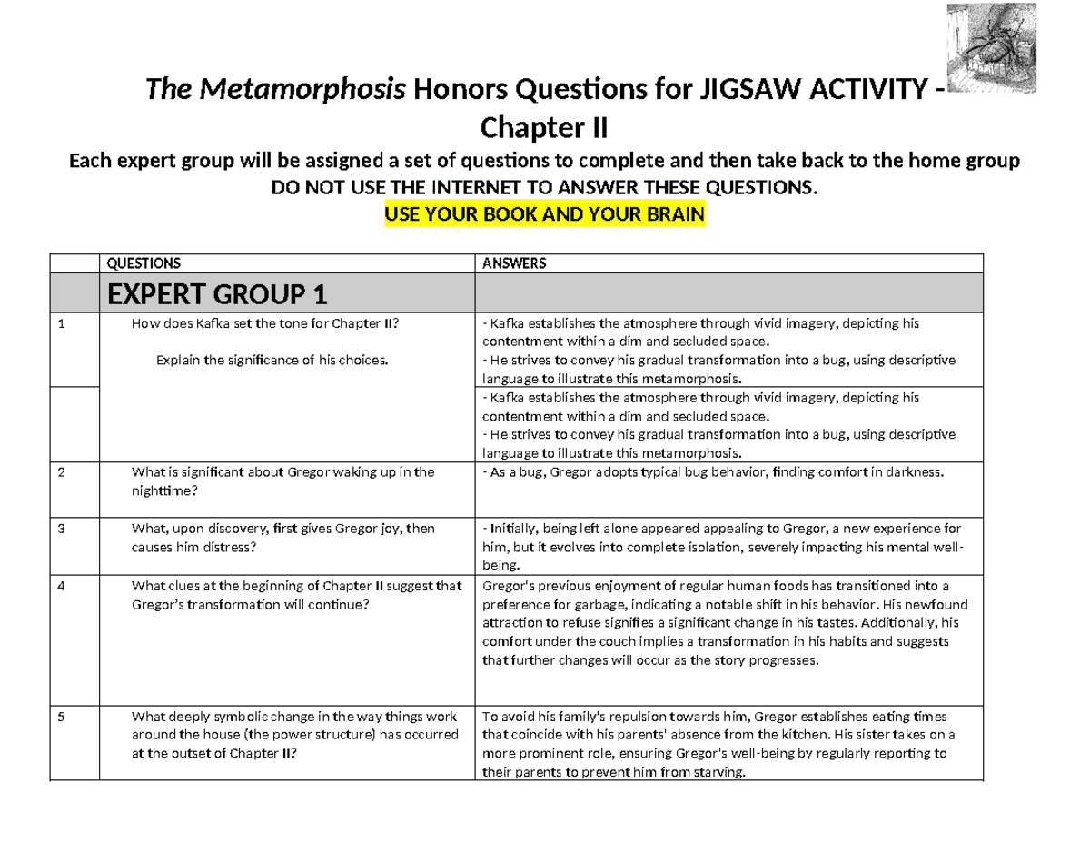 Expert GRP 4 - 2024 The Metamorphosis Honors Questions for Jigsaw ...